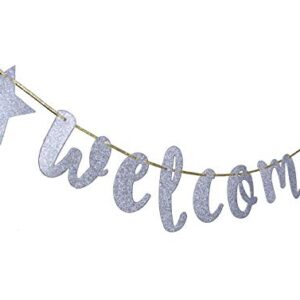 Welcome Little One Glitter Banner, Baby Shower, Gender Reveal Party, Glitter Party Decor (Silver)