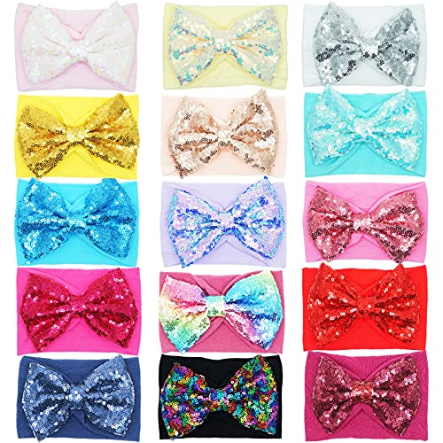 Yxiang 15PCS Baby Girl Nylon Headbands Big Bow Hairband 5" Glitter Bowknot headwrap for Baby Girls Newborn Infant Toddlers Kids -15 Colors