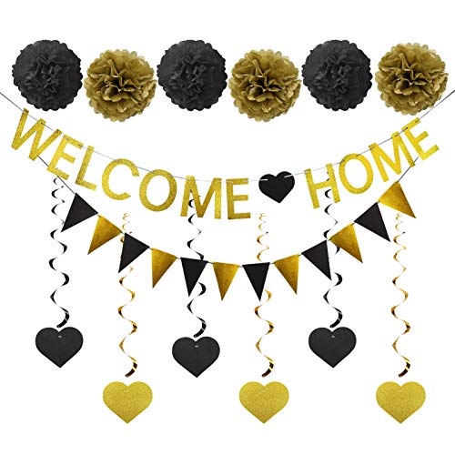 Lnlofen Welcome Home Banner Sign Decoration Kit, 14pcs Welcome Back Family Party Decorations Supplies - Including Welcome Home Banner, Triangle Flag, 6pcs Hanging Swirls, 6pcs Poms