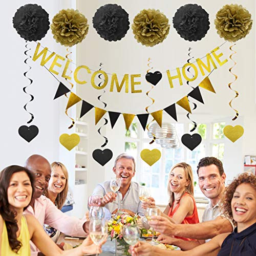 Lnlofen Welcome Home Banner Sign Decoration Kit, 14pcs Welcome Back Family Party Decorations Supplies - Including Welcome Home Banner, Triangle Flag, 6pcs Hanging Swirls, 6pcs Poms