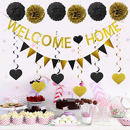 Lnlofen Welcome Home Banner Sign Decoration Kit, 14pcs Welcome Back Family Party Decorations Supplies - Including Welcome Home Banner, Triangle Flag, 6pcs Hanging Swirls, 6pcs Poms