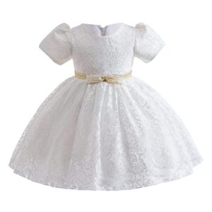 MITUN SEMI Toddler Baby Flower Girls Dress Floral Lace Christmas Birthday Party Elegant Midi Dress Gift White-Belt 6-12M