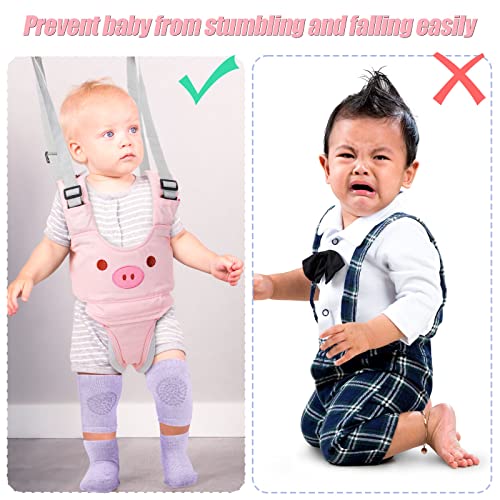 Baby Walking Harness Breathable Handheld Baby Walker Assistant Belt Adjustable Toddler Walking Assistant with 4 Pairs Non-Slip Toddler Socks Grips 4 Pairs Baby Knee Pads for Crawling, 7-24 Months