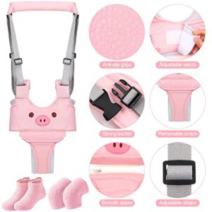 Baby Walking Harness Breathable Handheld Baby Walker Assistant Belt Adjustable Toddler Walking Assistant with 4 Pairs Non-Slip Toddler Socks Grips 4 Pairs Baby Knee Pads for Crawling, 7-24 Months