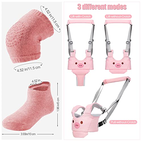 Baby Walking Harness Breathable Handheld Baby Walker Assistant Belt Adjustable Toddler Walking Assistant with 4 Pairs Non-Slip Toddler Socks Grips 4 Pairs Baby Knee Pads for Crawling, 7-24 Months