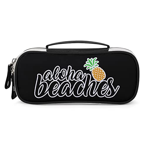 Aloha Beaches Pineapple PU Leather Pencil Pen Case Organizer Travel Makeup Handbag Portable Stationery Bag