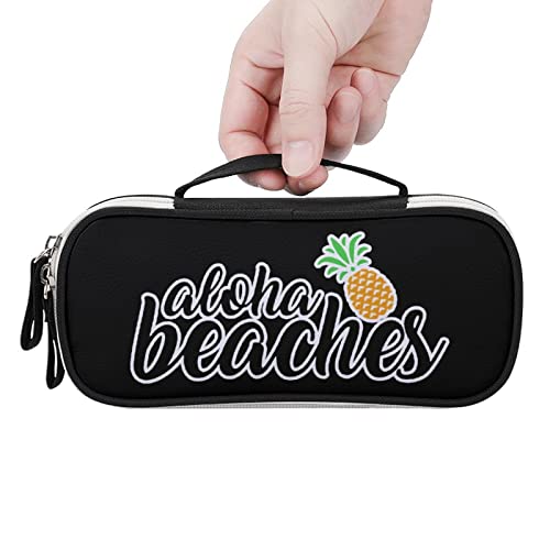 Aloha Beaches Pineapple PU Leather Pencil Pen Case Organizer Travel Makeup Handbag Portable Stationery Bag