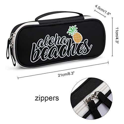 Aloha Beaches Pineapple PU Leather Pencil Pen Case Organizer Travel Makeup Handbag Portable Stationery Bag