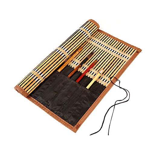 QJang Portable Chinese Art Writing Calligraphy Bamboo Brush Holder Case Pouch Watercolor Paint Brush Mat Rollup Organizer Wrap Protection Bag Large 15.35 x 13.77 Inches (39 x 35cm)