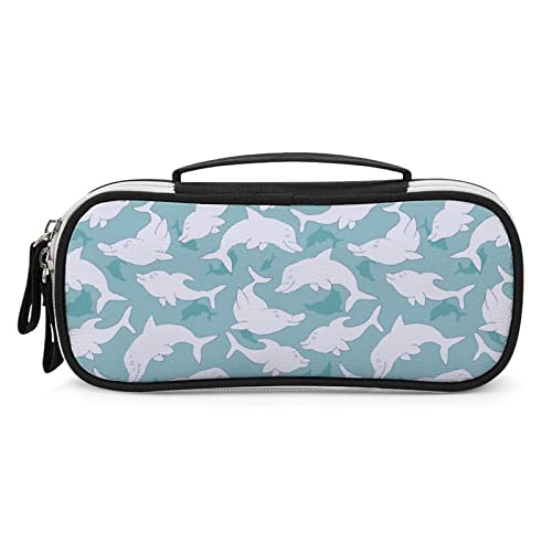 Cute Dolphin PU Leather Pencil Pen Case Organizer Travel Makeup Handbag Portable Stationery Bag