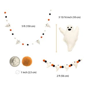 Glaciart One Felt Balls + Ghosts Garland - Easy to Hang Halloween Party Banner Decoration - 100% New Zealand Wool, Hand-Felted in Nepal - 5' Long, 15 White Orange & Black Pom Poms, 4 Ghost Ornaments