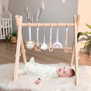 wooden baby play gym, wood city foldable baby gym with 6 hanging sensory toys for infants activity, newborn gifts for baby girl and boy (natural wood)