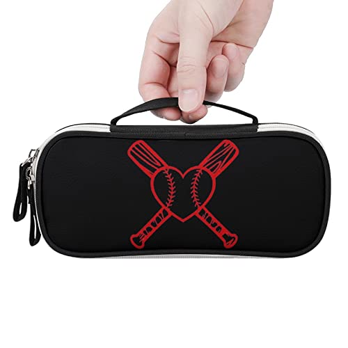 I Love Baseball PU Leather Pencil Pen Case Organizer Travel Makeup Handbag Portable Stationery Bag