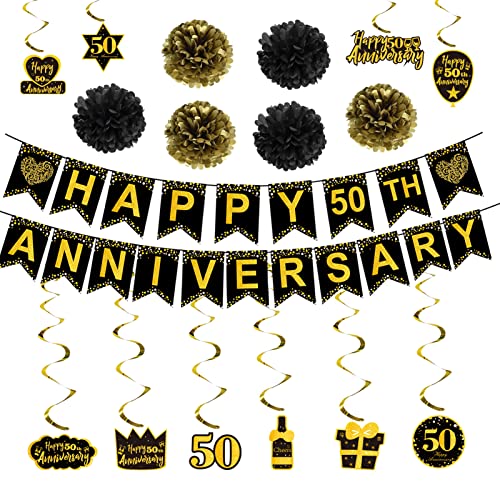 DARUNAXY 50th Wedding Anniversary Decorations Kit, Happy 50th Anniversary Black Gold Glitter Banner for Women, 6PCS Poms, 10PCS Hanging Swirls for Cheer to 50 Anniversary Party Supplies for Men(17PCS)