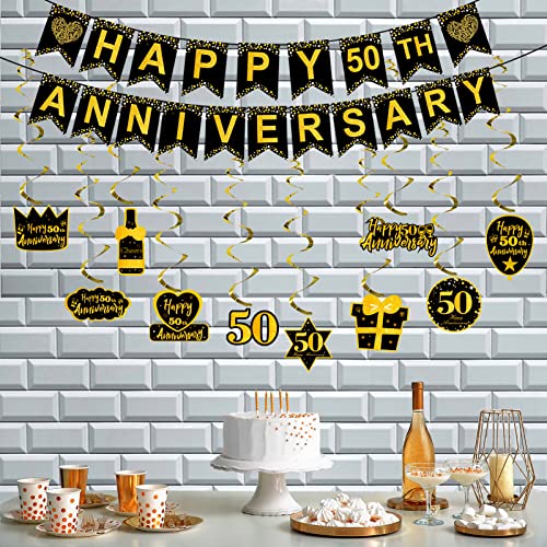 DARUNAXY 50th Wedding Anniversary Decorations Kit, Happy 50th Anniversary Black Gold Glitter Banner for Women, 6PCS Poms, 10PCS Hanging Swirls for Cheer to 50 Anniversary Party Supplies for Men(17PCS)