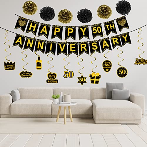 DARUNAXY 50th Wedding Anniversary Decorations Kit, Happy 50th Anniversary Black Gold Glitter Banner for Women, 6PCS Poms, 10PCS Hanging Swirls for Cheer to 50 Anniversary Party Supplies for Men(17PCS)