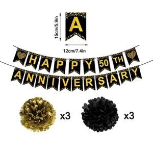 DARUNAXY 50th Wedding Anniversary Decorations Kit, Happy 50th Anniversary Black Gold Glitter Banner for Women, 6PCS Poms, 10PCS Hanging Swirls for Cheer to 50 Anniversary Party Supplies for Men(17PCS)