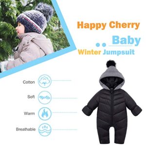 Happy Cherry Toddler Baby Warm Romper One-Piece Winter Coat Zipper Long Sleeve Cute Snowsuit Hoodie Jumpsuit Puffer Jacket for Girls Boys 12-18 Months Black