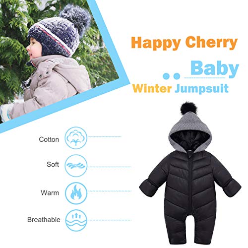 Happy Cherry Toddler Baby Warm Romper One-Piece Winter Coat Zipper Long Sleeve Cute Snowsuit Hoodie Jumpsuit Puffer Jacket for Girls Boys 12-18 Months Black