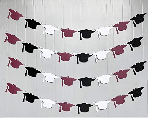 Maroon Graduation Party Decorations/Maroon Grad 2023 4pcs Graduation Hat Banner Garlands Glitter Burgundy White Black for 2023 Graduation Party Supplies