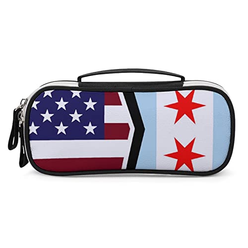 American and Chicago Flag PU Leather Pencil Pen Case Organizer Travel Makeup Handbag Portable Stationery Bag