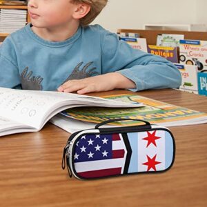 American and Chicago Flag PU Leather Pencil Pen Case Organizer Travel Makeup Handbag Portable Stationery Bag