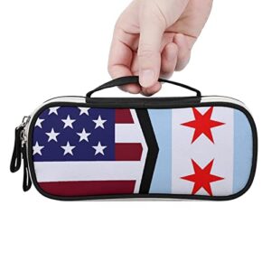 American and Chicago Flag PU Leather Pencil Pen Case Organizer Travel Makeup Handbag Portable Stationery Bag