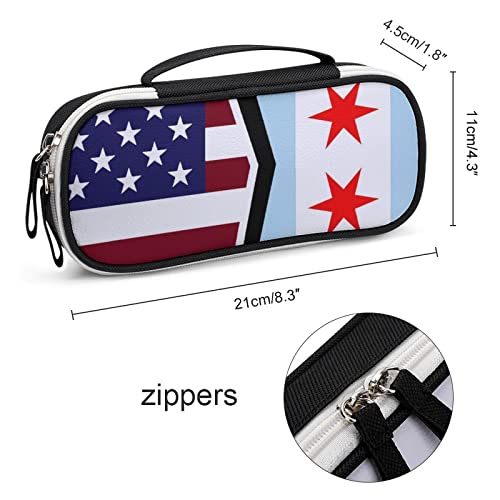 American and Chicago Flag PU Leather Pencil Pen Case Organizer Travel Makeup Handbag Portable Stationery Bag