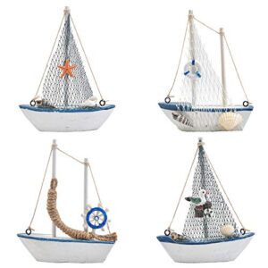 buygoo 4 pack mini sailboat model decoration, wooden miniature sailing boat home decor set, beach nautical design, navy blue and white, for ocean theme decoration, 4.3 x 5.3 x 1.25 inches (4 different design)