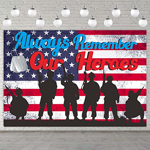 Always Remember Our Heroes Airman Soldiers Banner Stars Red White and Blue Stripes Theme Decor for Retirement Ceremony American Military Veteran Retired Going Away Party Supplies Decorations Backdrop