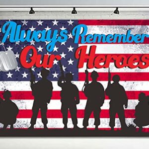 Always Remember Our Heroes Airman Soldiers Banner Stars Red White and Blue Stripes Theme Decor for Retirement Ceremony American Military Veteran Retired Going Away Party Supplies Decorations Backdrop