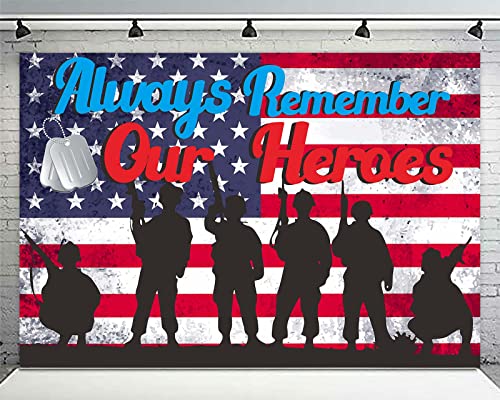 Always Remember Our Heroes Airman Soldiers Banner Stars Red White and Blue Stripes Theme Decor for Retirement Ceremony American Military Veteran Retired Going Away Party Supplies Decorations Backdrop