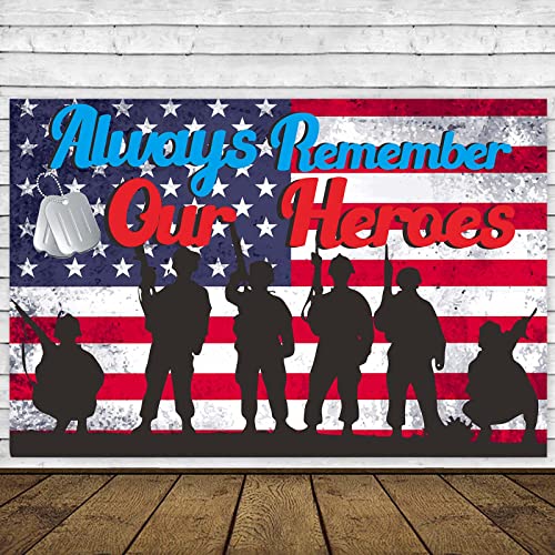 Always Remember Our Heroes Airman Soldiers Banner Stars Red White and Blue Stripes Theme Decor for Retirement Ceremony American Military Veteran Retired Going Away Party Supplies Decorations Backdrop