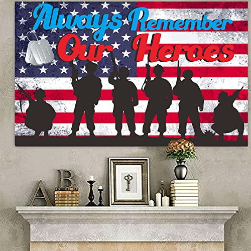 Always Remember Our Heroes Airman Soldiers Banner Stars Red White and Blue Stripes Theme Decor for Retirement Ceremony American Military Veteran Retired Going Away Party Supplies Decorations Backdrop