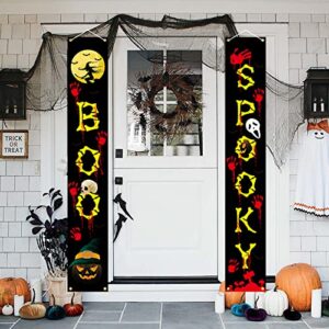 gresatek halloween door banner decorations, halloween boo spooky witches skeleton porch sign, festival decor banner for halloween party outdoor indoor wall tree and garden