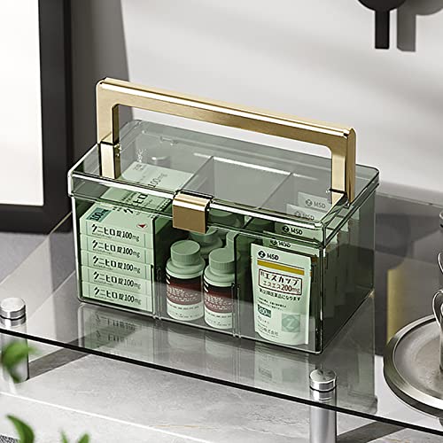 FABROK Plastic First Aid Kit Storage Box, Clear Medicine Box with Handle for Travel, Portable Craft Storage Box for Face Mask Sewing Kit Tool Organizing(Green)