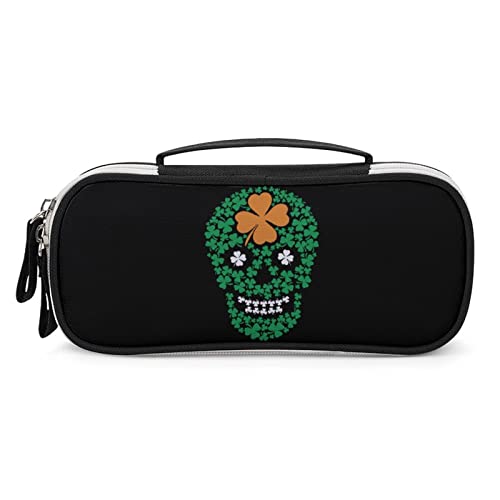 Irish Skull with Clover PU Leather Pencil Pen Case Organizer Travel Makeup Handbag Portable Stationery Bag