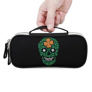 Irish Skull with Clover PU Leather Pencil Pen Case Organizer Travel Makeup Handbag Portable Stationery Bag