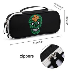 Irish Skull with Clover PU Leather Pencil Pen Case Organizer Travel Makeup Handbag Portable Stationery Bag