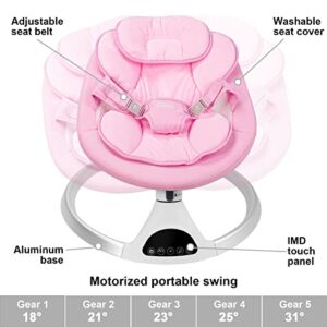 HARPPA Electric Baby Swing for Infants to Toddler, Portable Babies Swinger for Newborn Boy and Girls with 5 Swing Speed, Remote Control Music Speaker with 12 Preset Lullabies Enabled Bluetooth Pink