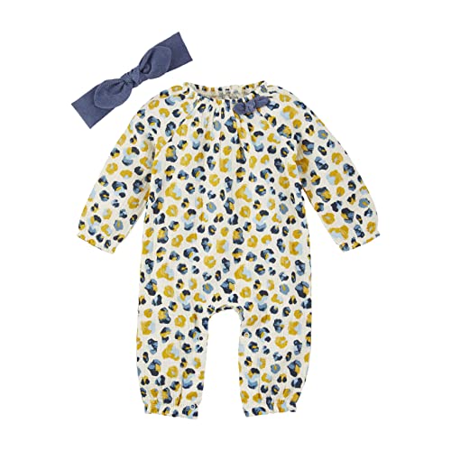 Mud Pie Baby Girl Leopard Bodysuit and Headband Set, Blue/Mustard, 0-3 Months