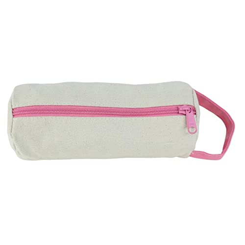 Tag&Crew Lightweight Canvas Round Pencil Bag Pen Case Stationery Pouch Zipper Bag Cosmetic Bags, School Supplies for Students with Durable Compact Zipper - Punch Pink