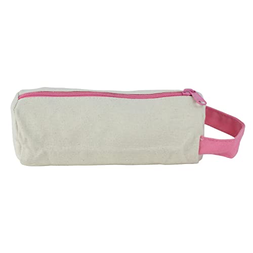 Tag&Crew Lightweight Canvas Round Pencil Bag Pen Case Stationery Pouch Zipper Bag Cosmetic Bags, School Supplies for Students with Durable Compact Zipper - Punch Pink