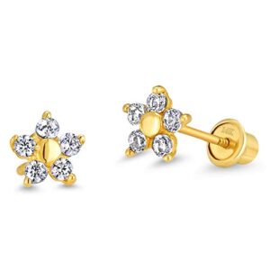 14k yellow gold flower cubic zirconia children screwback baby girls stud earrings