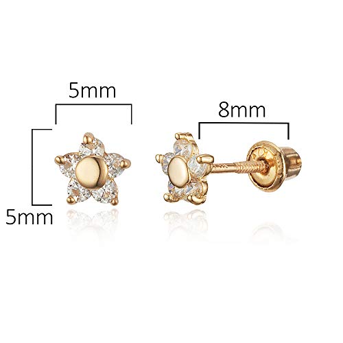 14k Yellow Gold Flower Cubic Zirconia Children Screwback Baby Girls Stud Earrings