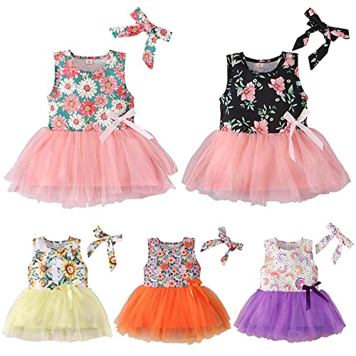 azrian Toddler Baby Girls Tutu Tulle Dress Sleeveless Round Neck Floral Print Bow Lace Mesh Dresses Summer Children Clothes