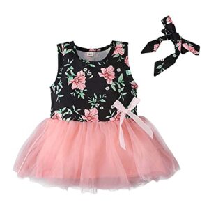 azrian Toddler Baby Girls Tutu Tulle Dress Sleeveless Round Neck Floral Print Bow Lace Mesh Dresses Summer Children Clothes