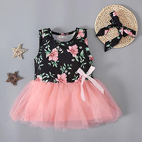 azrian Toddler Baby Girls Tutu Tulle Dress Sleeveless Round Neck Floral Print Bow Lace Mesh Dresses Summer Children Clothes