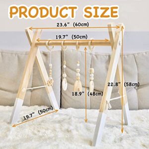 Wooden Baby Play Gym, PgUp Foldable Baby Gym with 4 Wooden Baby Hanging Toys for Play & Learn, Baby Activity Gym Frame Hanging Bar Toddler Gym Newborn Gift for Baby Girl and Boy