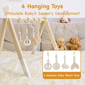 Wooden Baby Play Gym, PgUp Foldable Baby Gym with 4 Wooden Baby Hanging Toys for Play & Learn, Baby Activity Gym Frame Hanging Bar Toddler Gym Newborn Gift for Baby Girl and Boy